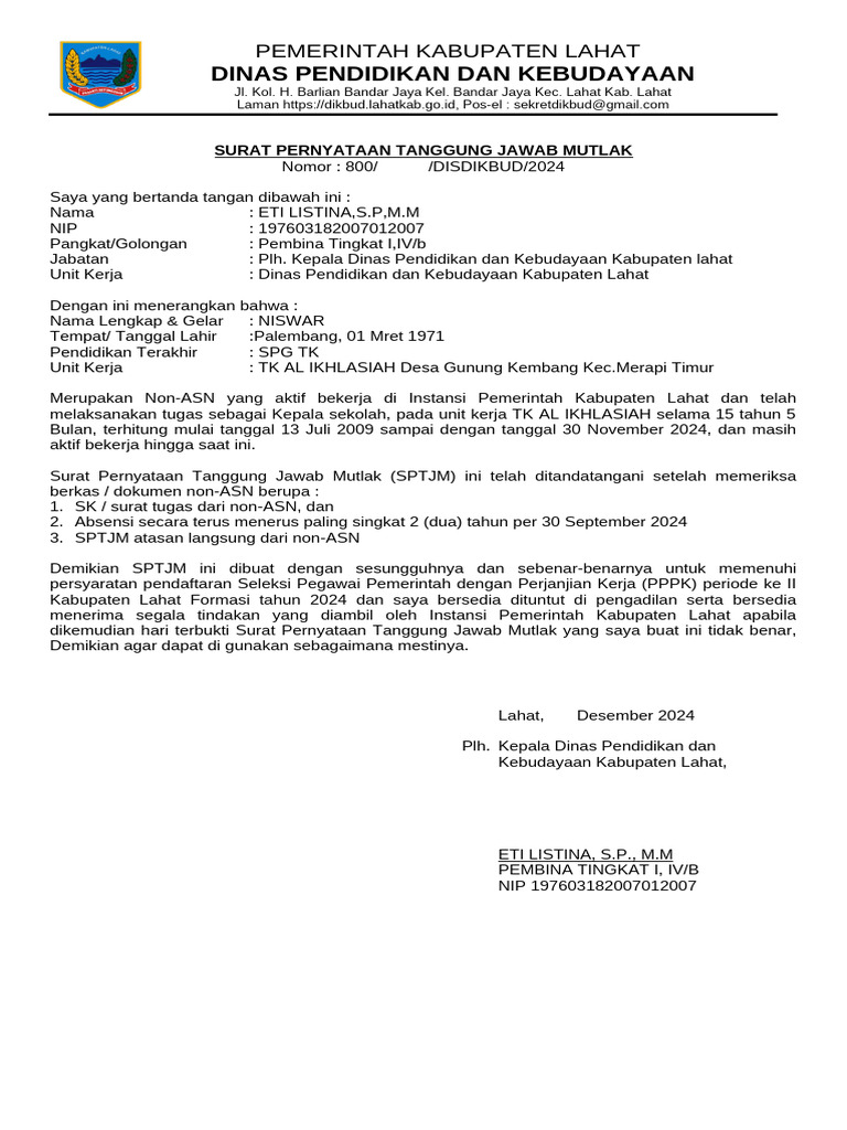 BERKAS P3K Niswar UNTUK DINAS | PDF