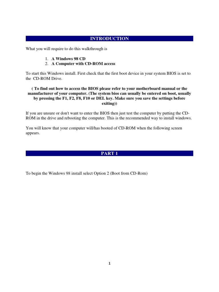 Instalare Windows 98 | PDF | Booting | Bios