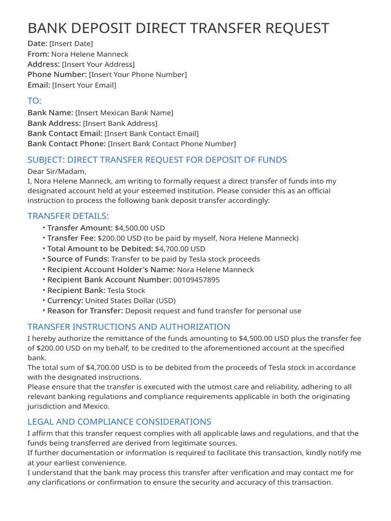 Bank Transfer Request For Nora Manneck | PDF | Banks | United States Dollar