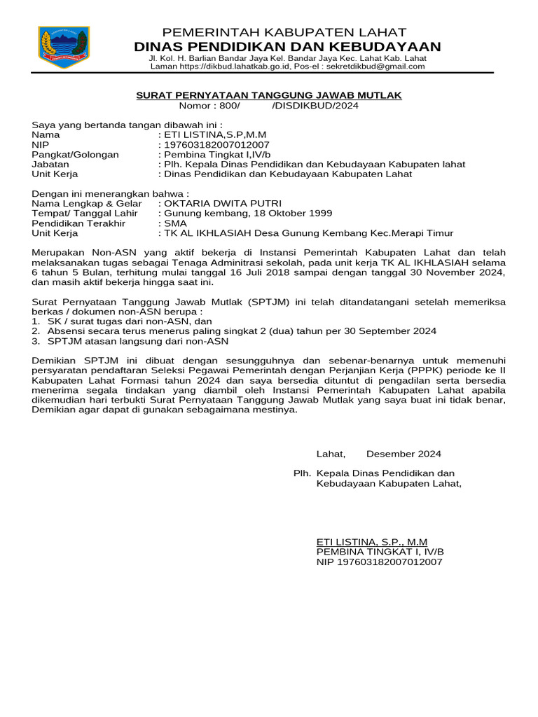 Surat Keterangan Kerja Non-ASN Lahat | PDF