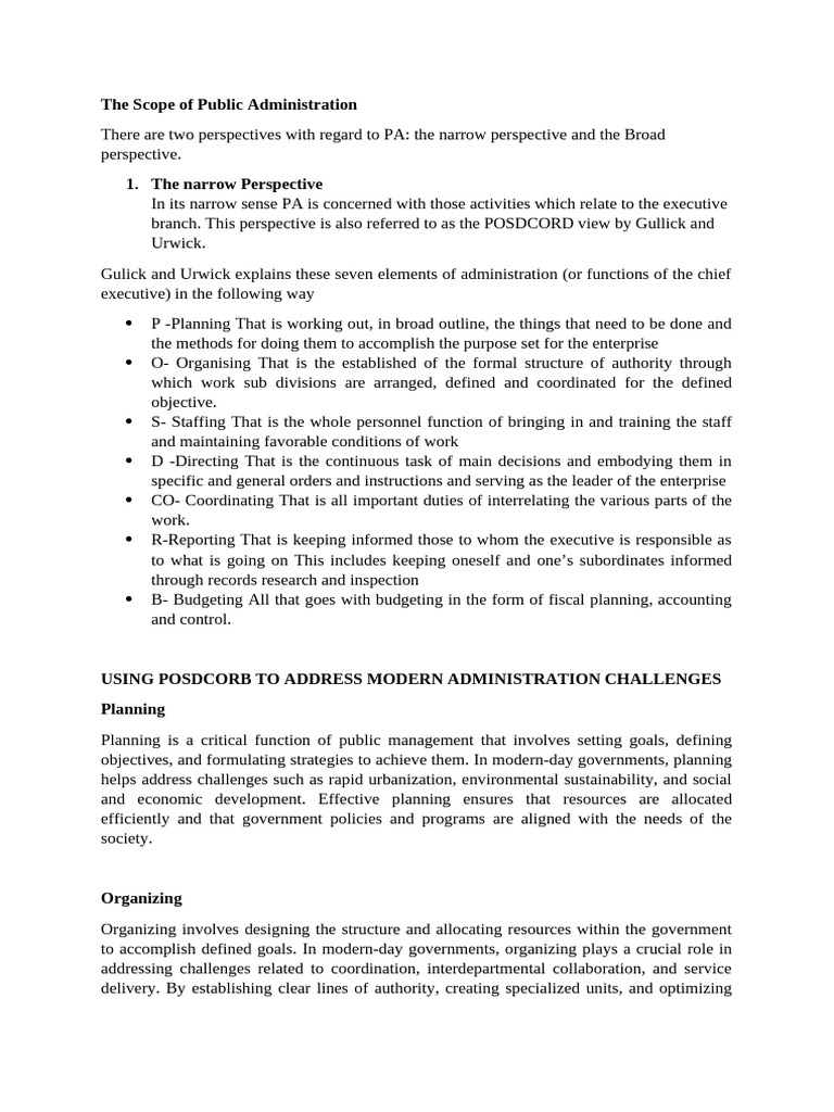 Understanding POSDCORB in Public Admin | PDF | Business | Economies
