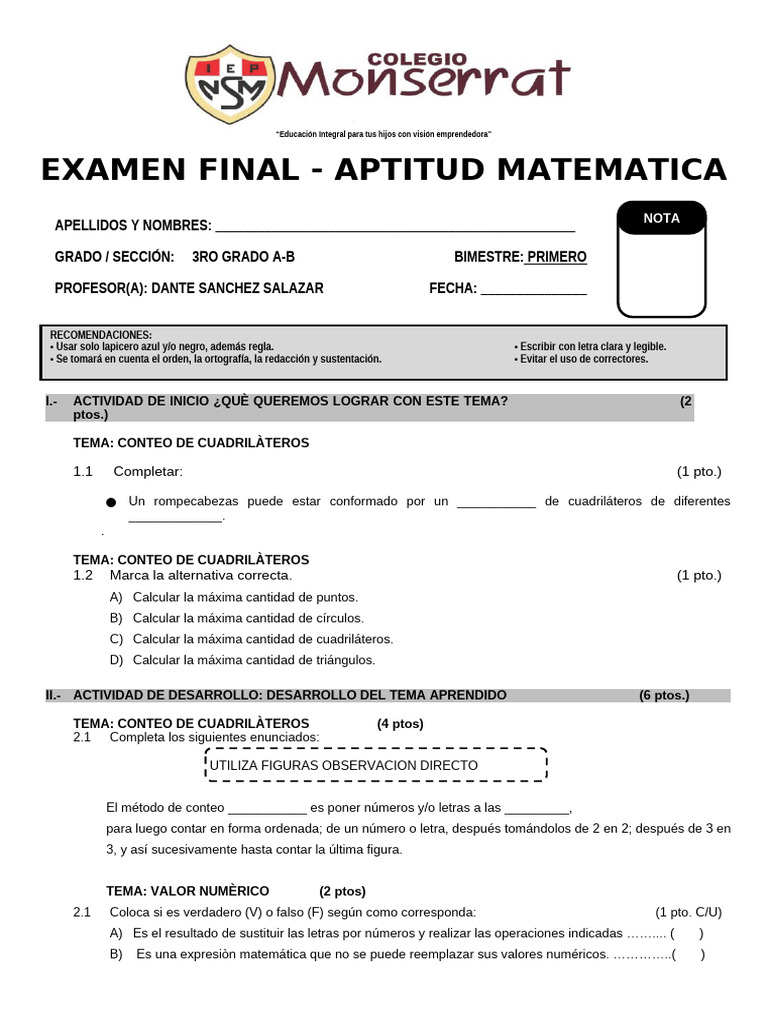 Aptitud Matematica 3ro Final Bim1 | PDF | Matemáticas