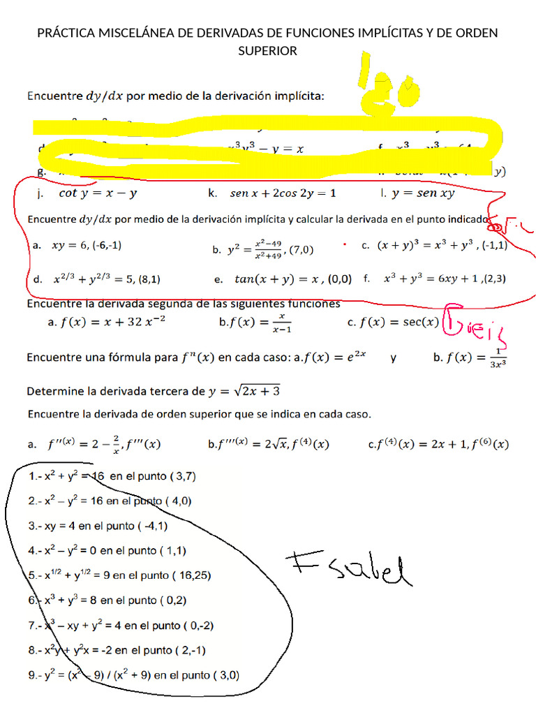 Practica de Derivadas de Funciones Implícitas y de Orden Superior | PDF