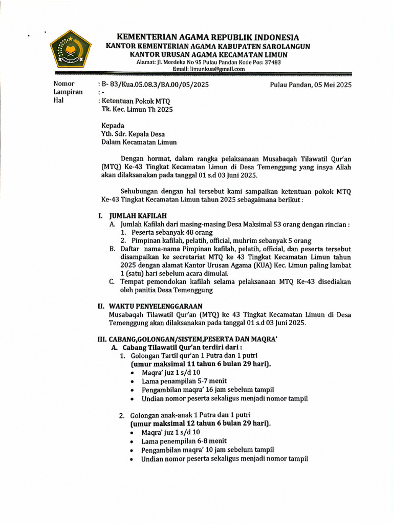 Ketentuan MTQ 2025 Kec. Limun | PDF