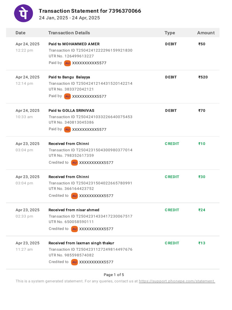 PhonePe Statement Jan2025 Apr2025 | PDF | Debit Card | Debits And Credits