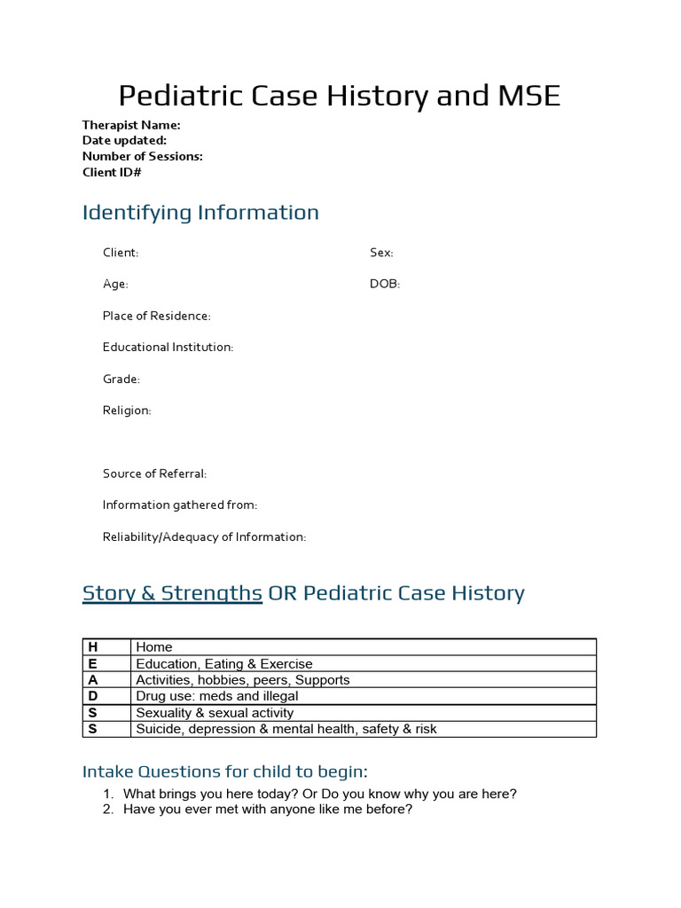 Pediatric Mental Health Case History Guide | PDF | Bullying | Suicide