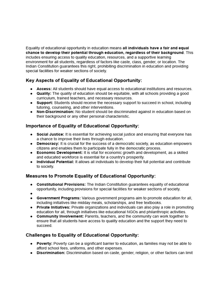 Equality of Opportunity in Education Bed Notes PDF | PDF | Social ...
