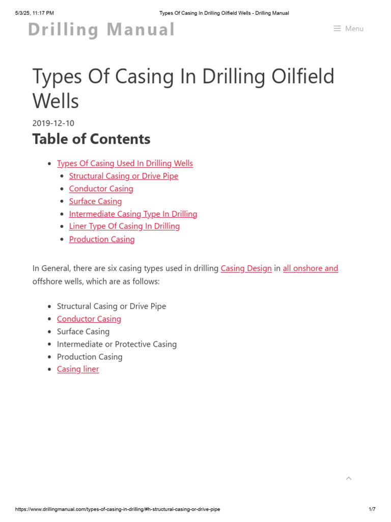 Types of Casing in Drilling Oilfield Wells | PDF | Casing (Borehole ...