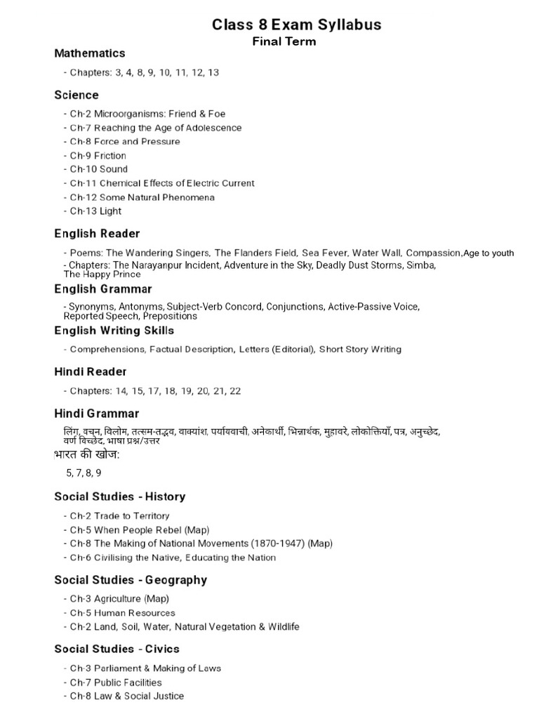 Class 8 - Final Term Syllabus | PDF