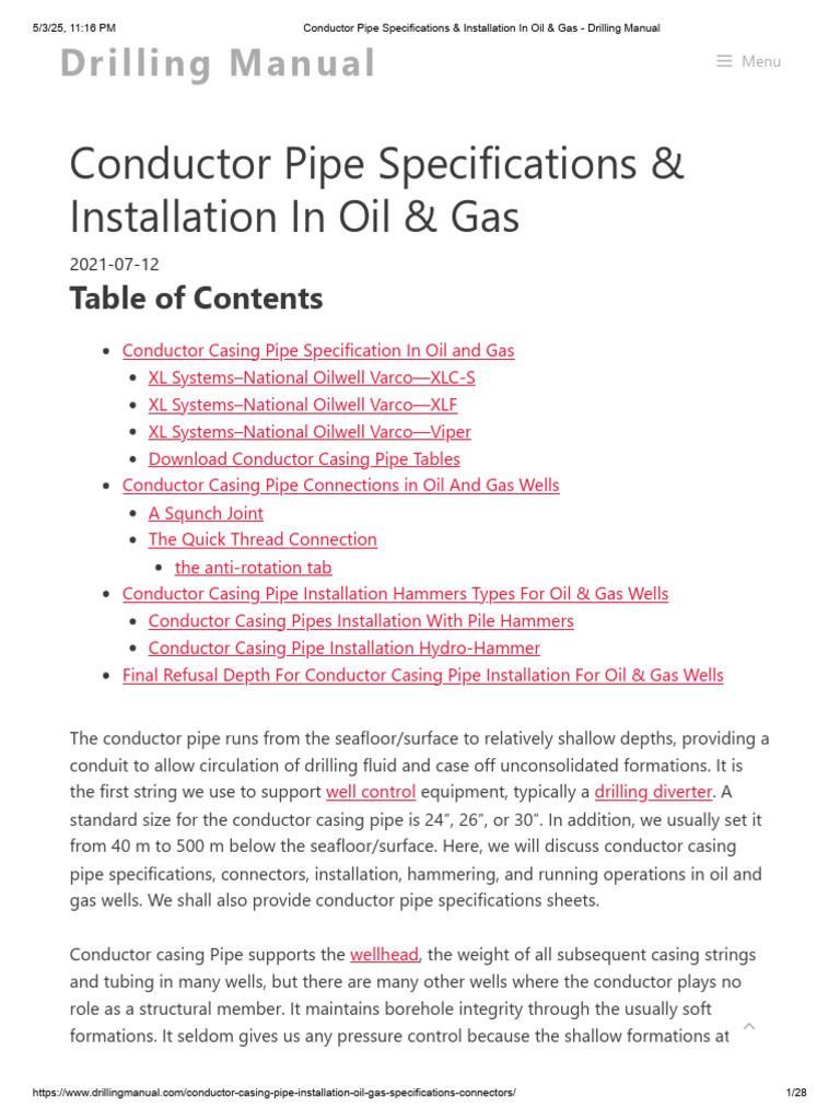Conductor Pipe Specs & Installation Guide | PDF | Casing (Borehole ...