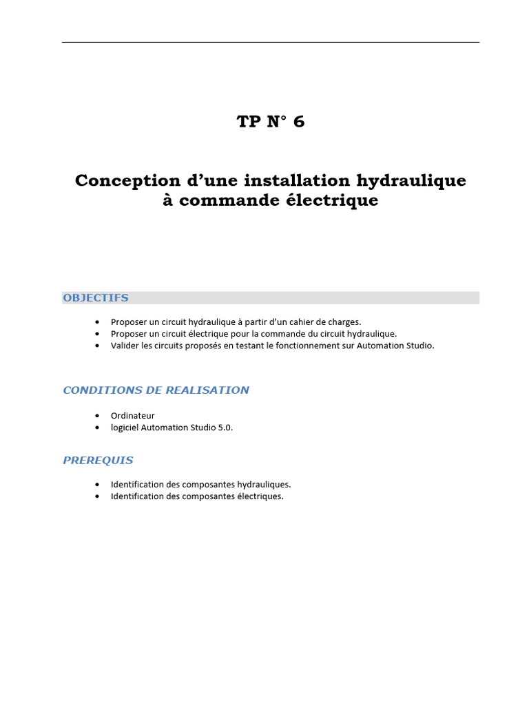COURS TECHNOLOGIE DES SYSTEMES HYDRAULIQUES Tp6-Conception-Installation-Hydraulique-Commande ...