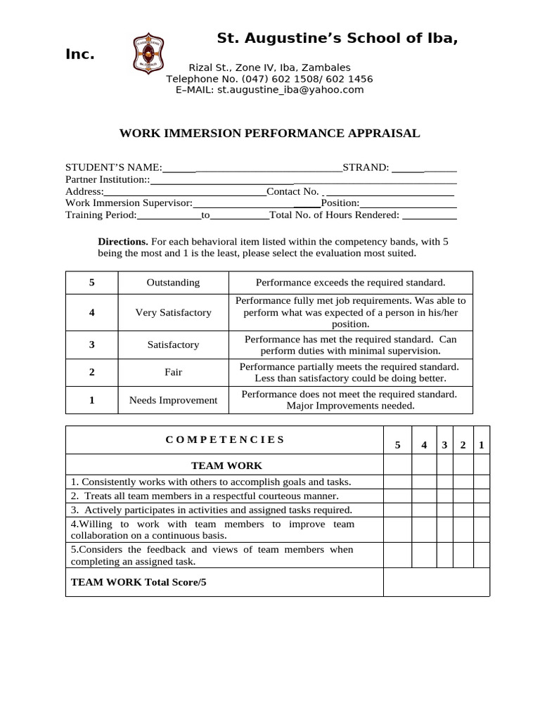 Work Immersion Performance Appraisal | PDF | Performance Appraisal | Social Psychology
