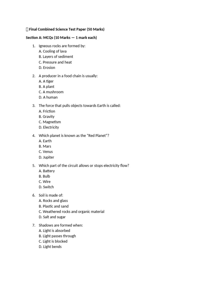Science Test Demo Cambridge Type | PDF | Rock (Geology) | Physical Sciences