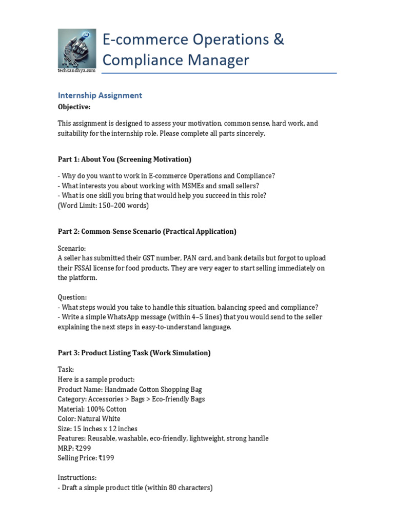 Internship Assignment E-Commerce Operations and Compliance Manager | PDF