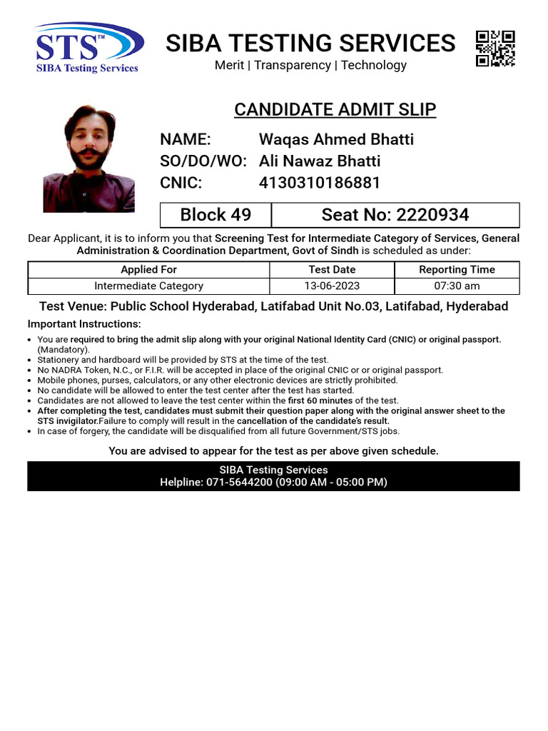 Siba Testing Services: Candidate Admit Slip | PDF