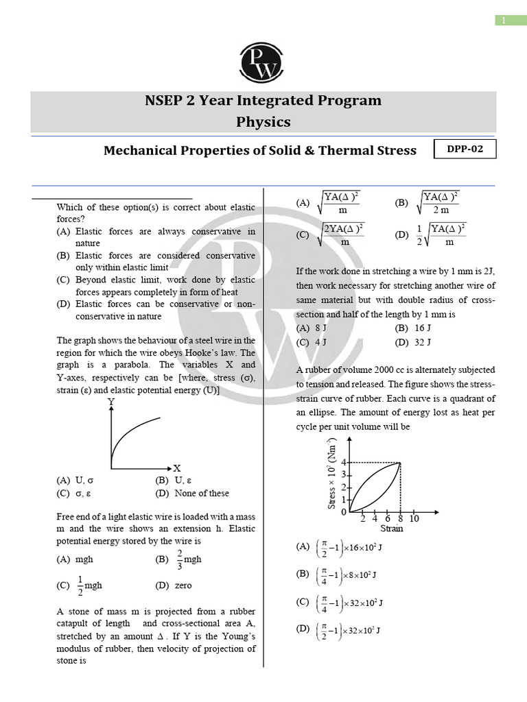 Mechanical Properties of Solid & Thermal Stress - DPP 02 - NSEP 2 Year Integrated Program | PDF ...