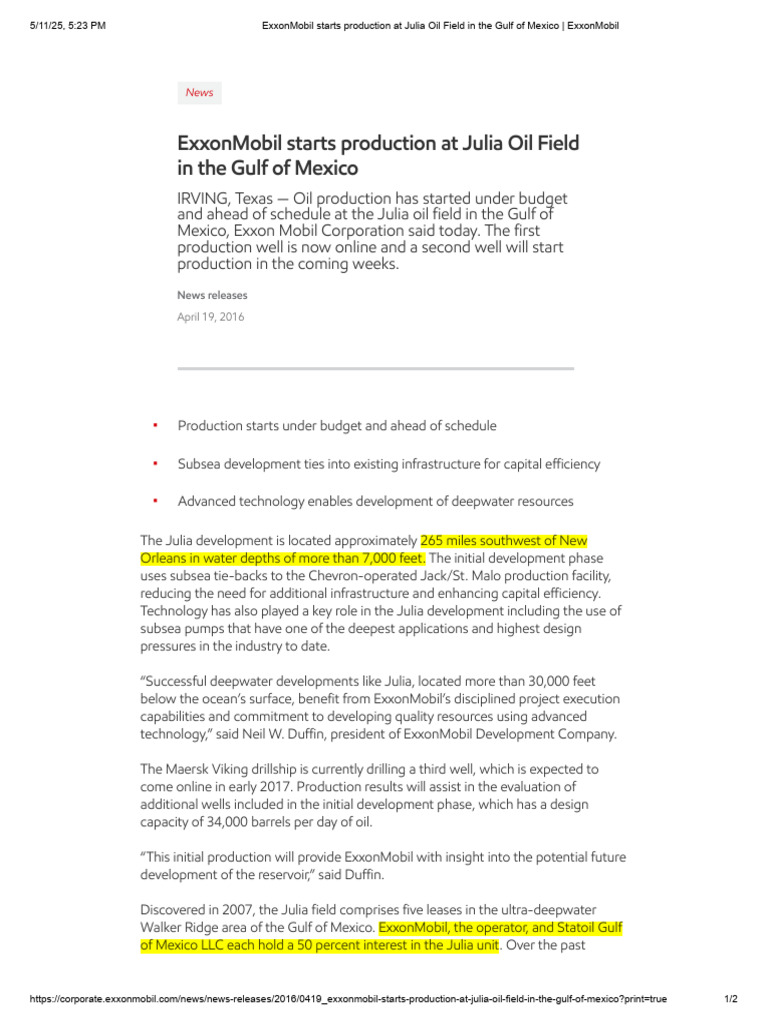 ExxonMobil starts production at Julia Oil Field in the Gulf of Mexico ...