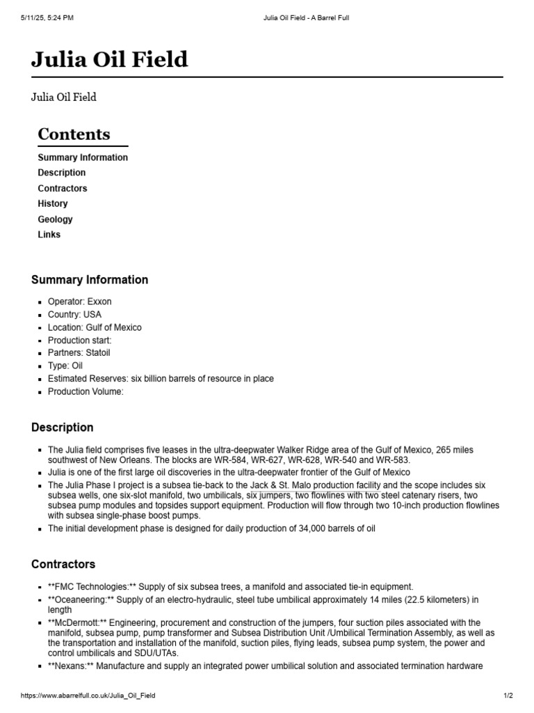Julia Oil Field Overview and Development | PDF | Petroleum Reservoir ...
