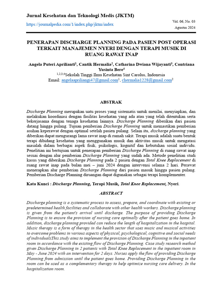 Penerapan Discharge Planning Pada Pasien Post Operasi Terkait Manajemen ...