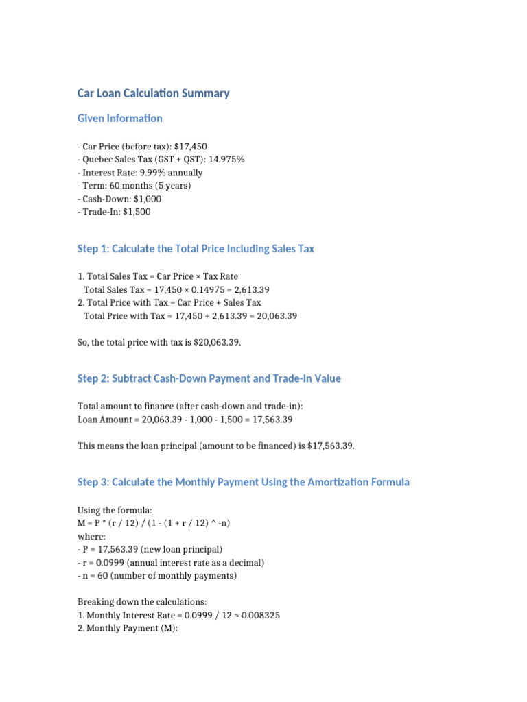 Car Loan Calculation Summary | PDF