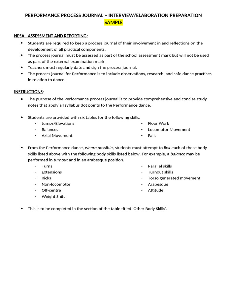 2024 Year 11 Preliminary Dance Task 3 - Performance Process Journal ...