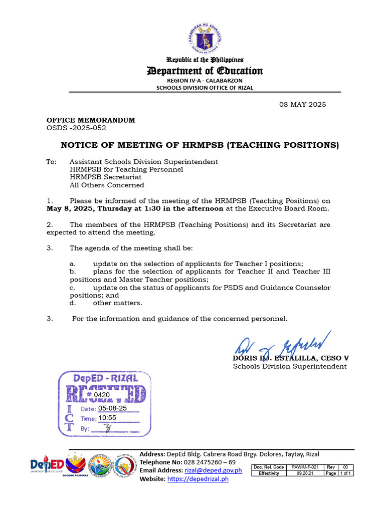 Copy of OSDS Office Memorandum No. 052, s. 2025 | PDF
