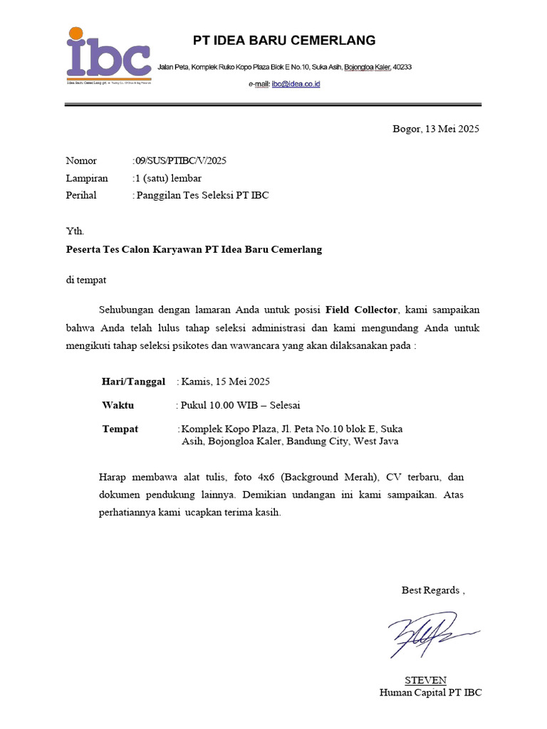 Surat Undangan Seleksi PT IBC | PDF