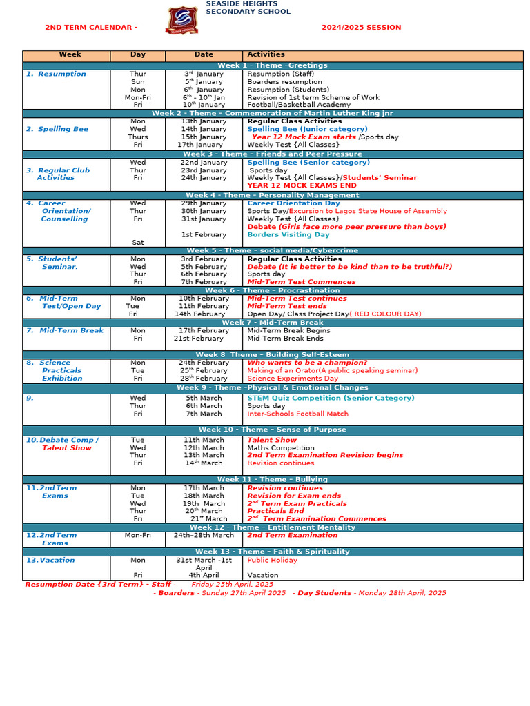 SSHS School Calendar For 2ND Term 2025 | PDF