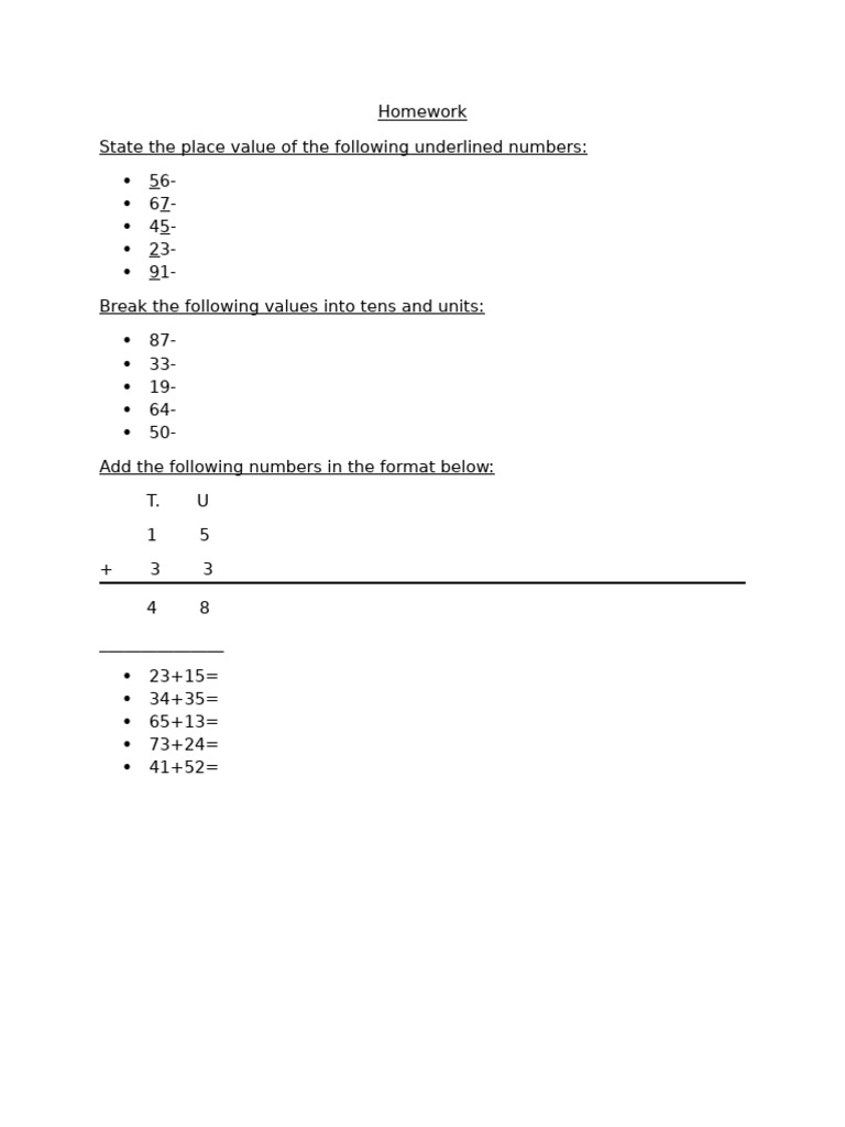 Place Value and Addition Homework | PDF