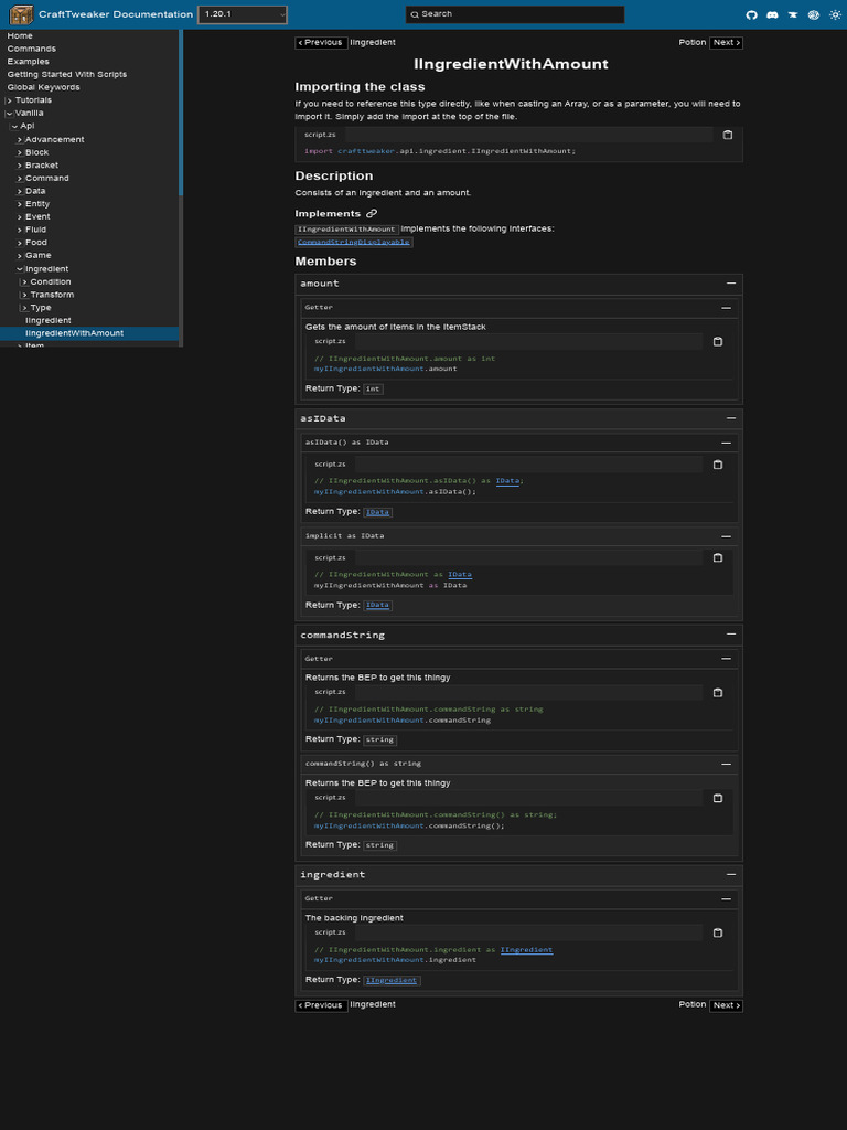 IIngredientWithAmount - CraftTweaker Documentation | PDF | Software | Object Oriented Programming