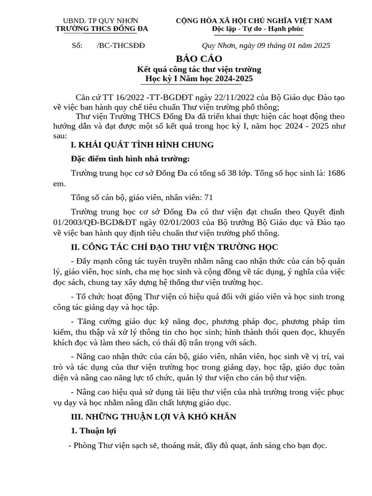 Báo Cáo Thư Viện Hki.năm 2024-2025 | PDF