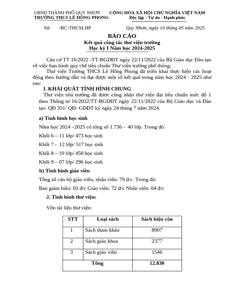Báo Cáo Thư Viện Th 2024-2025.Lhp | PDF