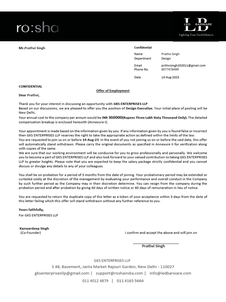 Offer Letter - Prathvi Singh | PDF | Salary | Business