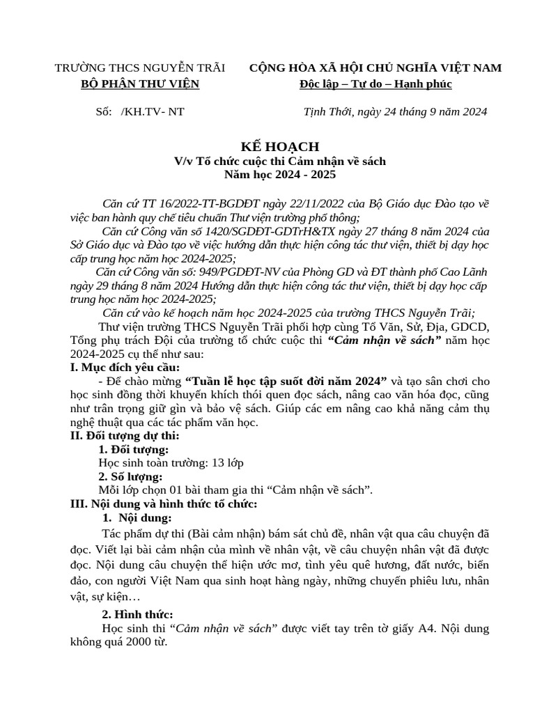 KE HOACH CAM NHAN VE SACH | PDF