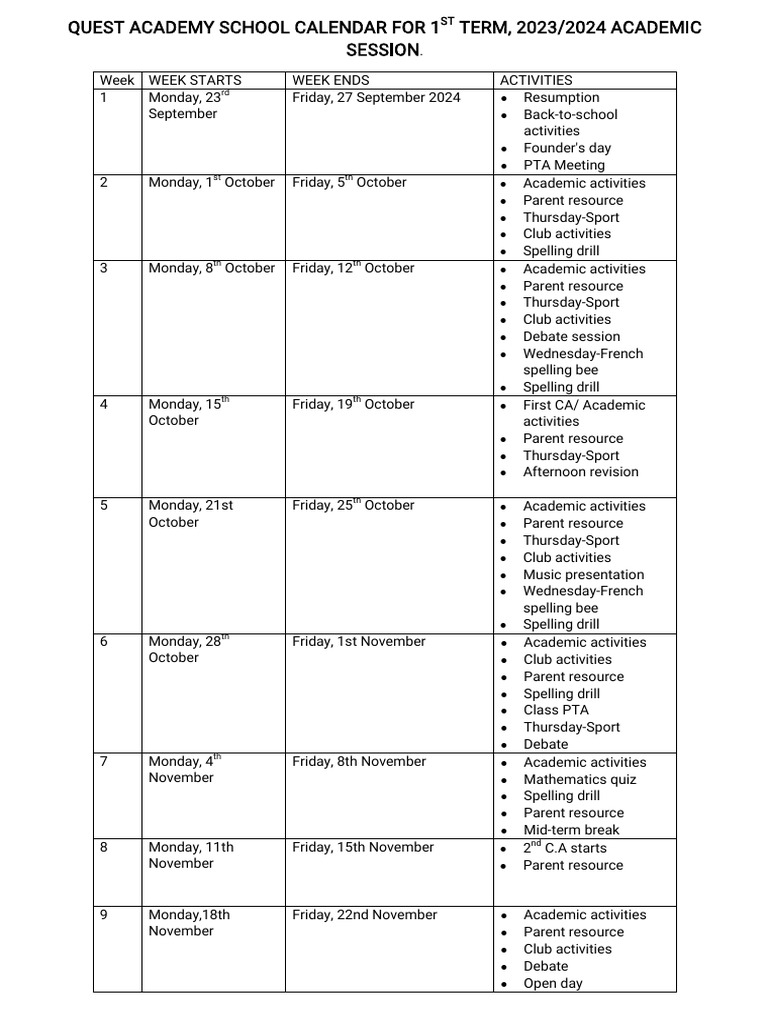 Quest Academy 2023/24 Term 1 Calendar | PDF