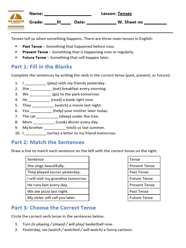 Grade 3 English Grammar Worksheet - Tenses | PDF | Grammatical Tense | Verb