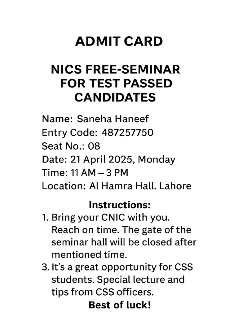 NICS Seminar Admit Card | PDF