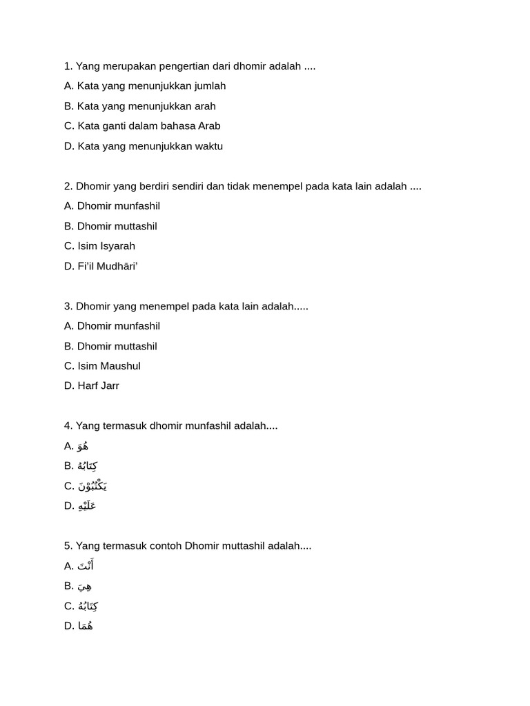 Soal Pts Bahasa Arab Kls 6 | PDF