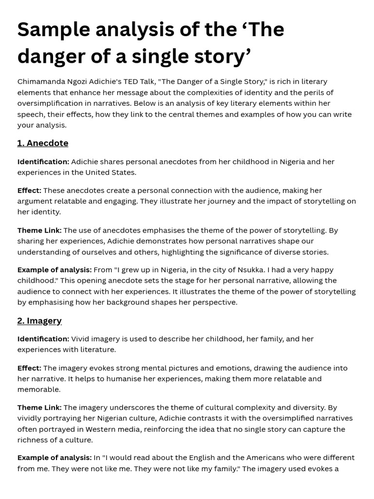 Analyzing "The Danger of a Single Story" | PDF | Narrative | Storytelling
