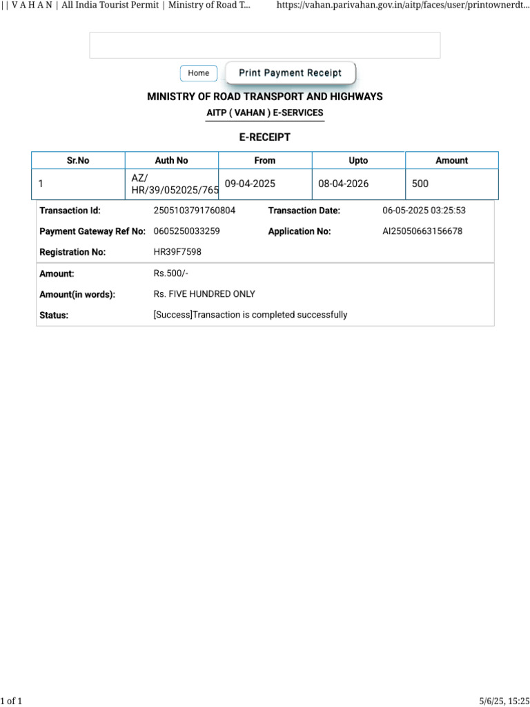 1 AZ/ HR/39/052025/7651 09-04-2025 08-04-2026 500: Print Payment ...