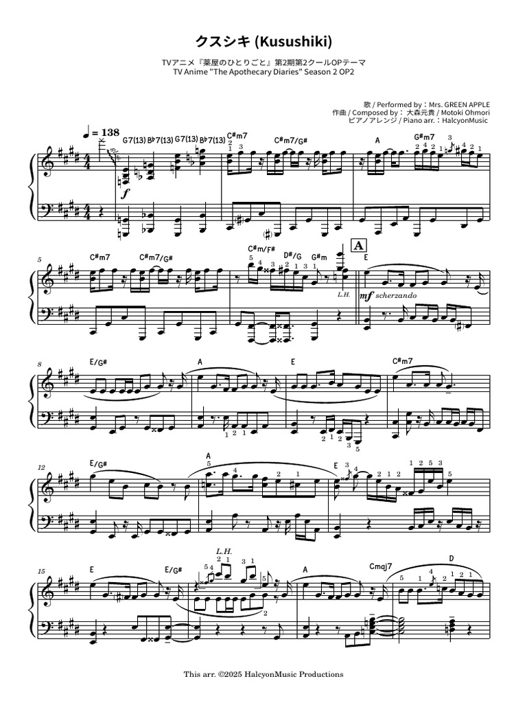 Mymusicsheet - 271196 - (HalcyonMusic) Mrs. GREEN APPLE - Kusushiki | PDF