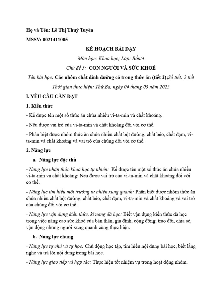 KHBD Khoahoc Cacchatdinhduongcotrongthucantiet2 L0P4 | PDF