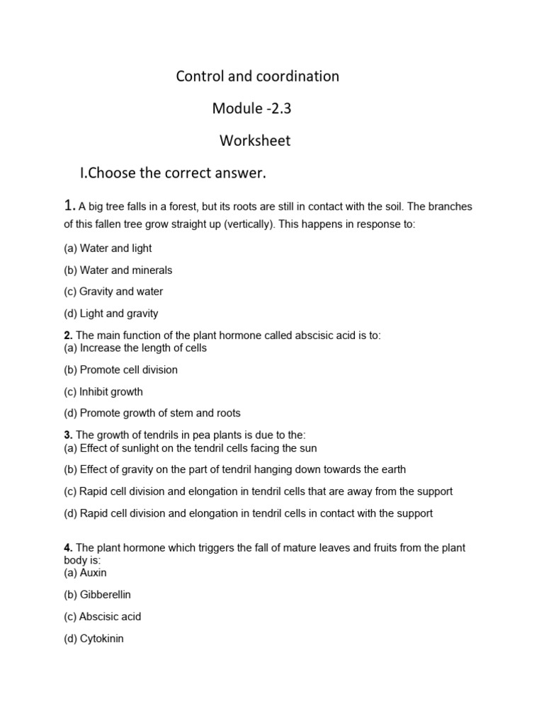 Control and Coordination, Class 10, Module 2.3 Worksheet | PDF