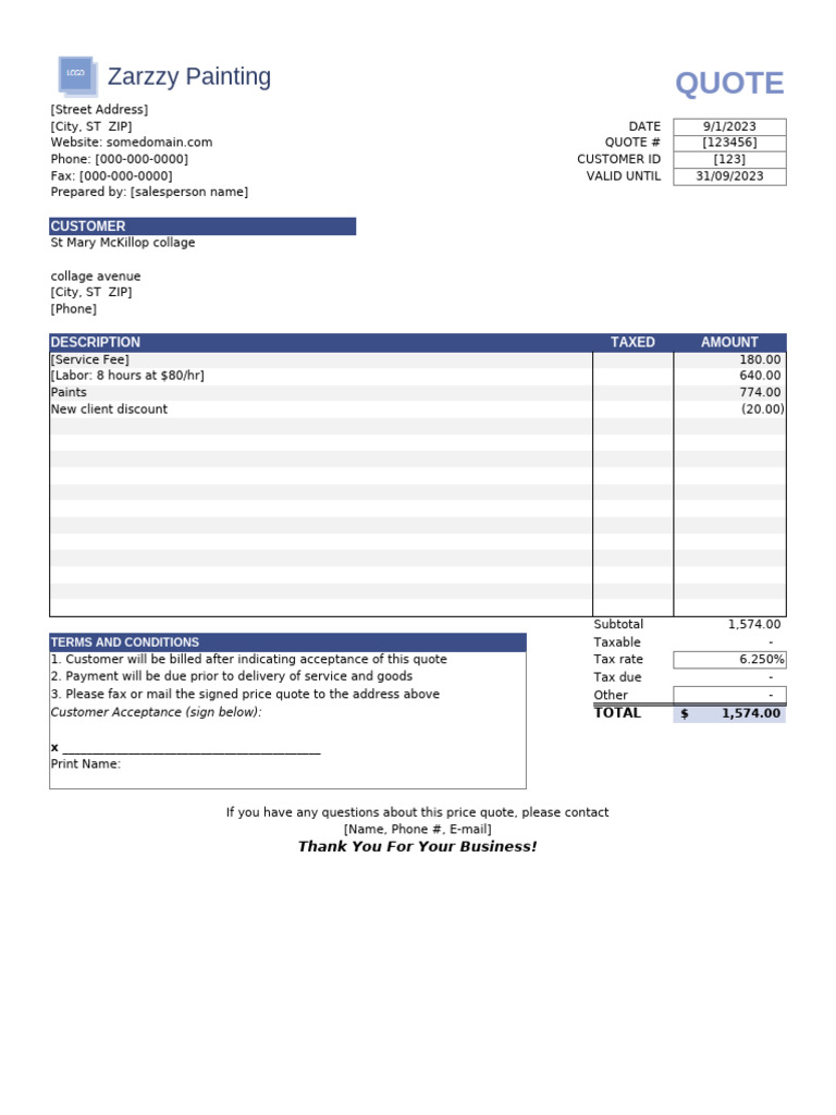 Project 3 Paint Quote Template | PDF | Spreadsheet | Worksheet