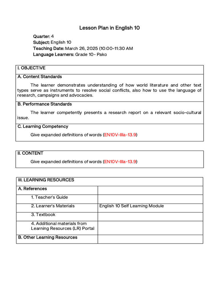 BNHS Lesson Plan English 10 Demo Teaching | PDF | Love | Learning