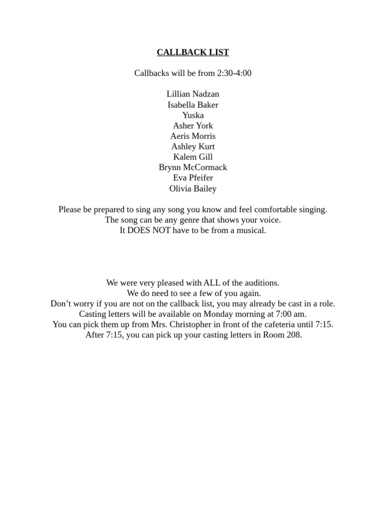 Callback List Freaky Friday | PDF