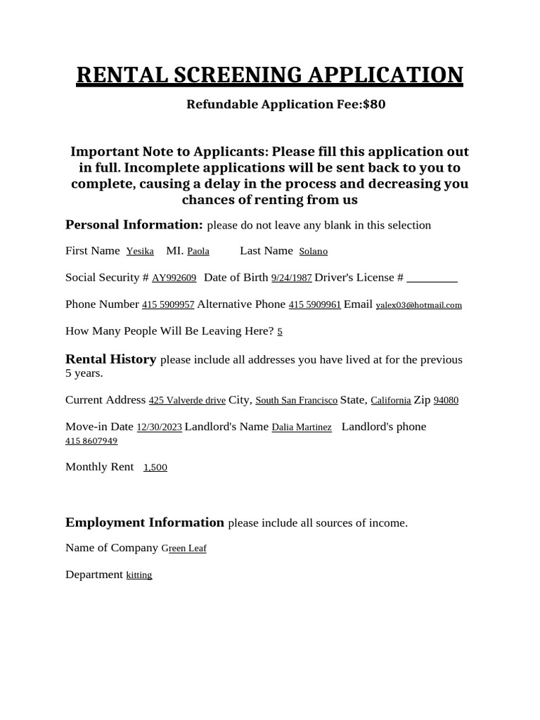 Rental Application Form 1 | PDF | Landlord