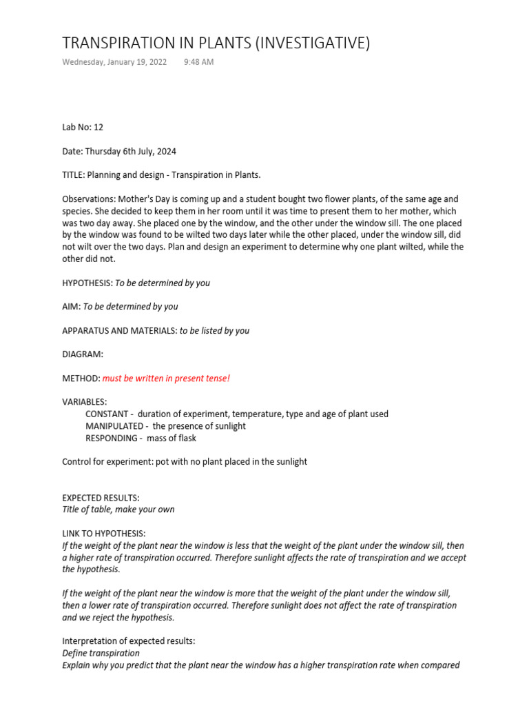 Transpiration in Plants (Investigative) | PDF | Experiment | Hypothesis