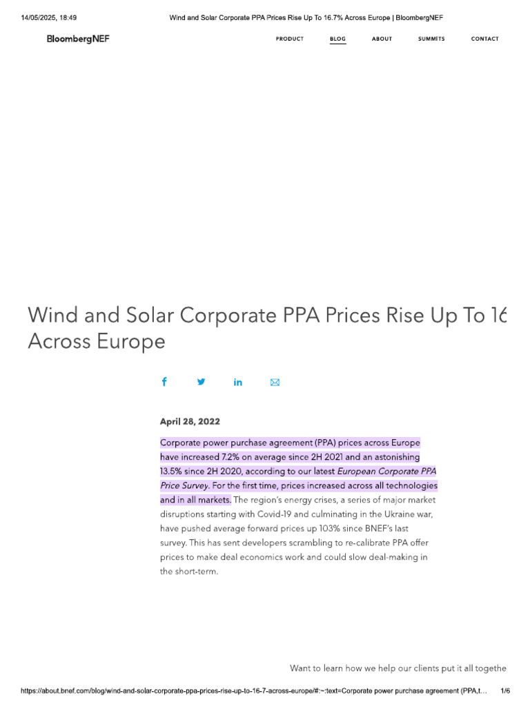 Bloomeberg NEF - European Corporate PPA Survey April 2025 | PDF