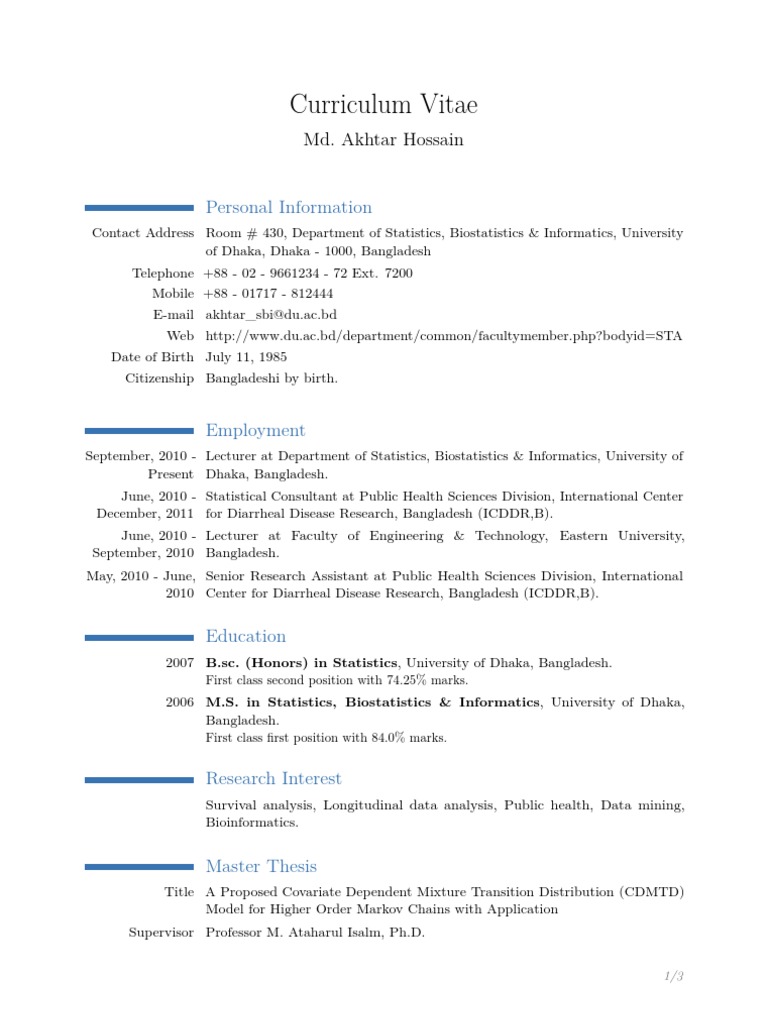 Md. Akhtar Hossain's CV Overview | PDF | Biostatistics | Statistics